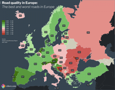 Road quality in Europe - best and worst roads map • viborc.com